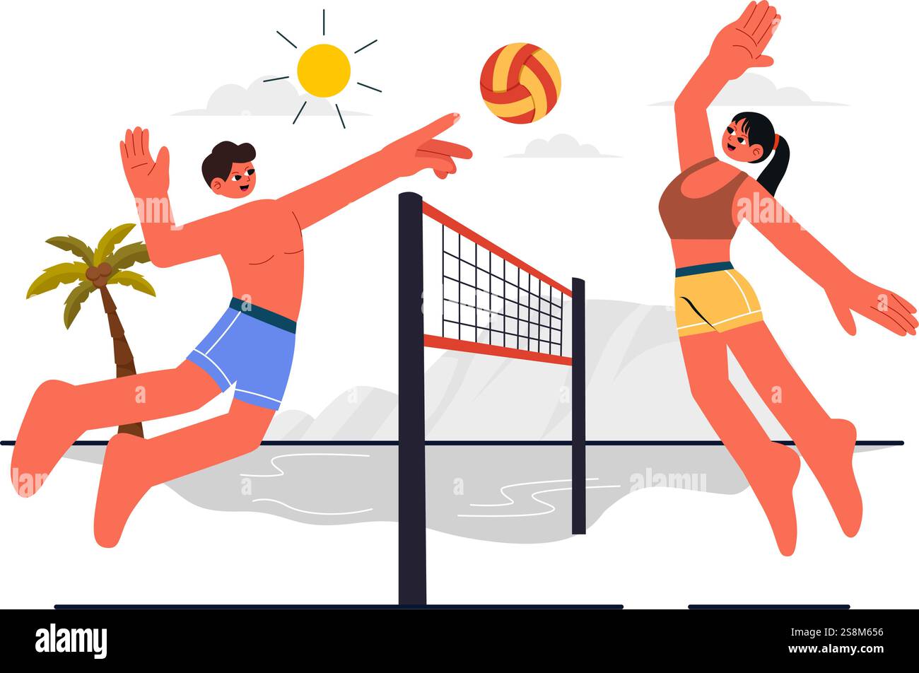 Vector Illustration of a Player Playing Beach Volleyball on Sandy ...