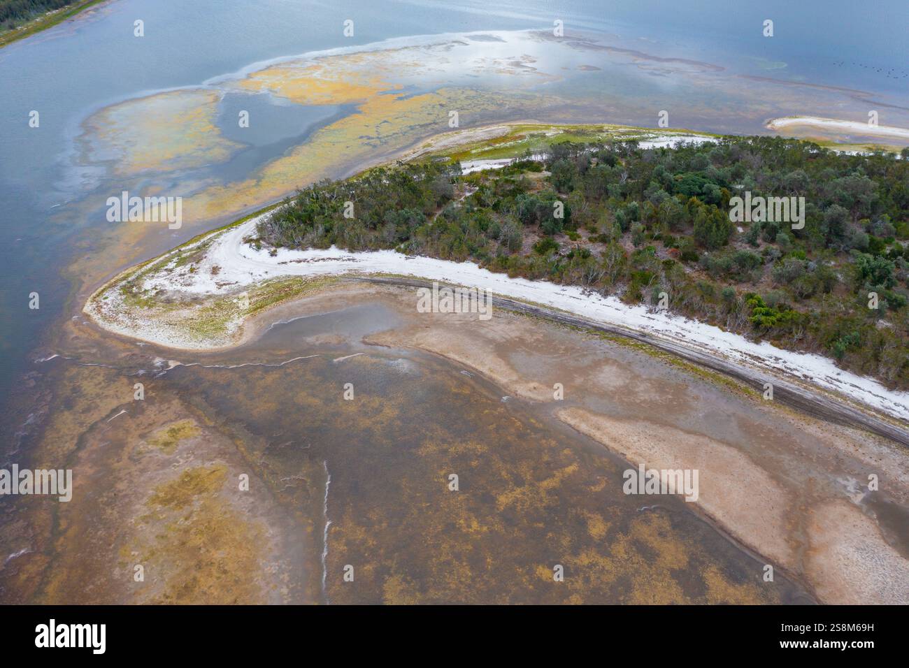 Aerial view of sand bar patterns and wetlands at Coila Creek, Tuross ...