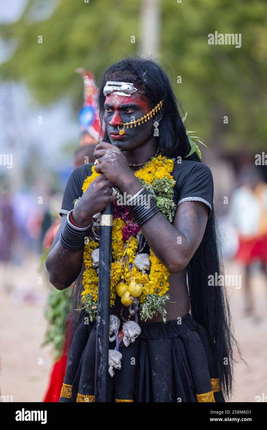 Kulasai, Portrait of indian hindu devotee with painted face and dressed ...