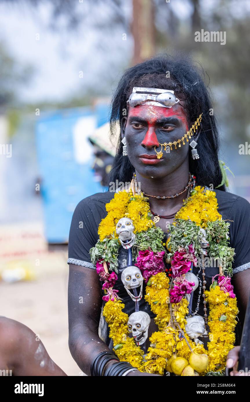 Kulasai, Portrait of indian hindu devotee with painted face and dressed ...