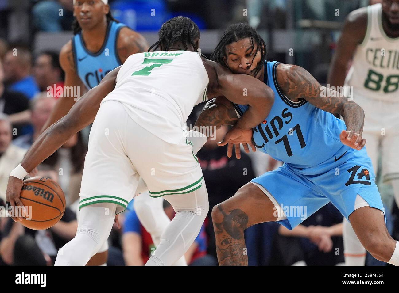 Boston Celtics guard Jaylen Brown, left hits Los Angeles Clippers guard ...
