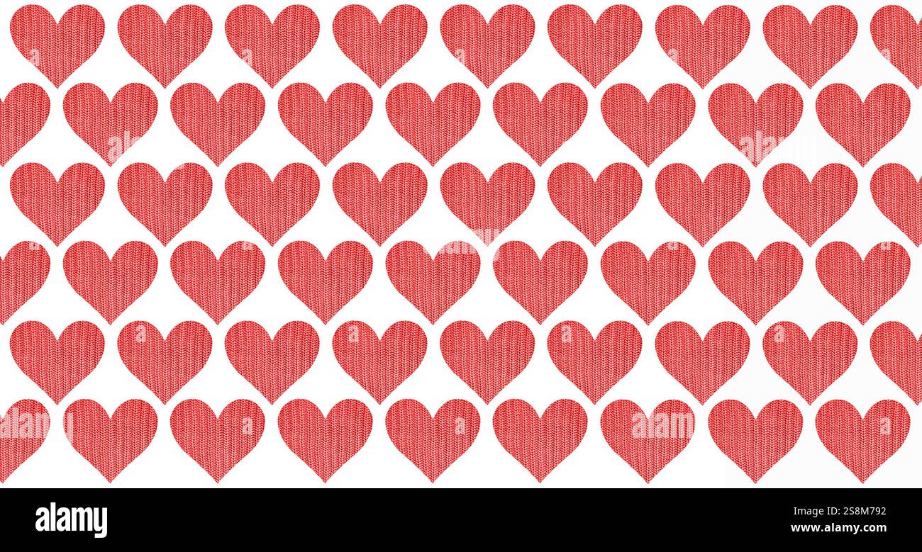 Pattern of red hearts. Hearts filled with knitting texture. Vertical ...