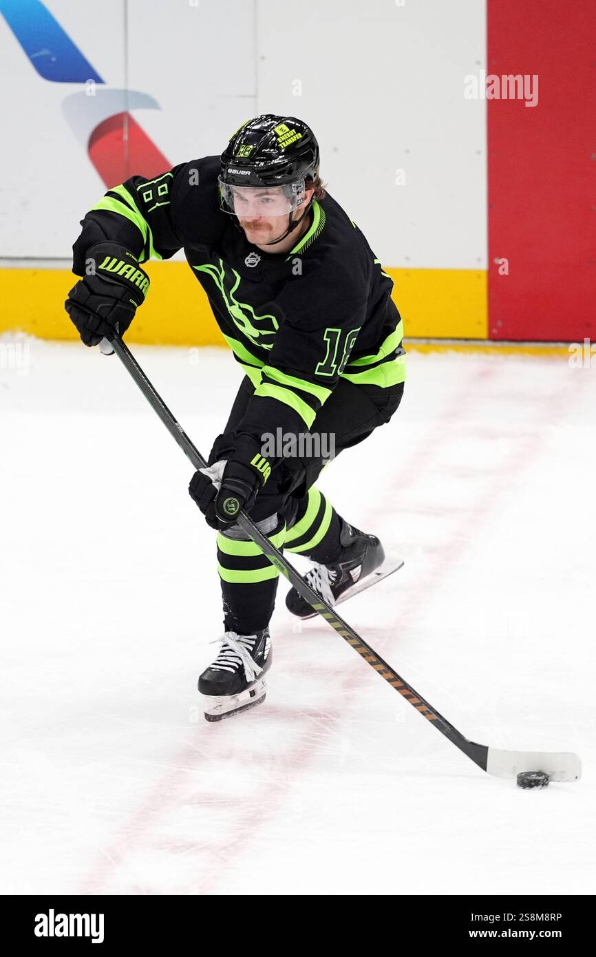 Dallas Stars center Sam Steel makes a pass during an NHL hockey game ...