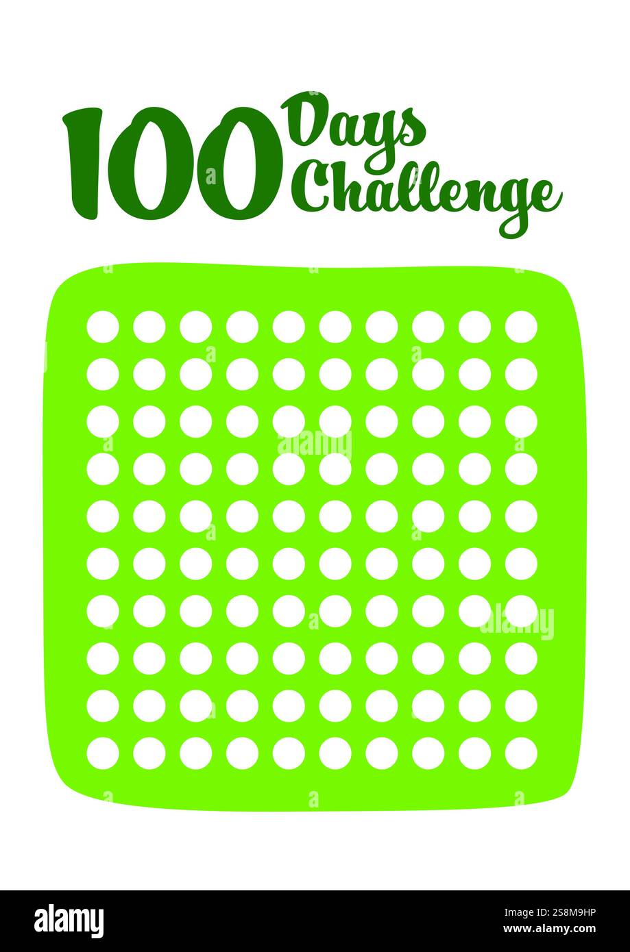A green 100 days challenge tracker with 100 circles for marking ...
