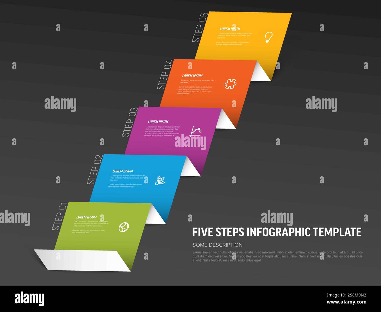 Five-step dark infographic template from folded paper displays ...