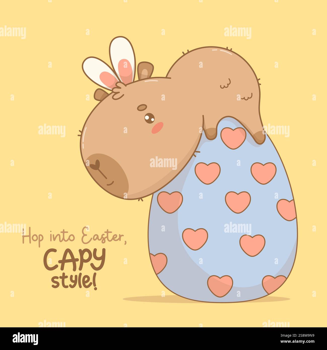 Easter Capybara in bunny ears on big paschal egg. Happy cartoon kawaii ...