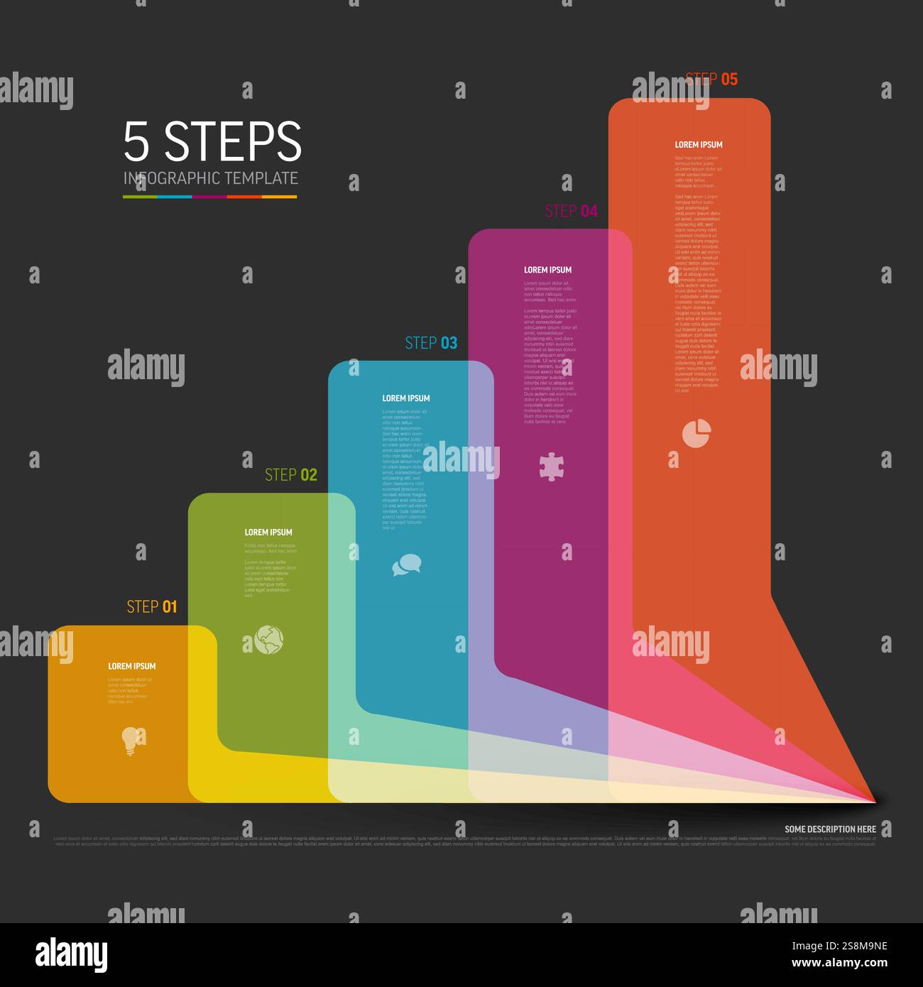 Colorful dark five-step infographic showcases organized data. This ...