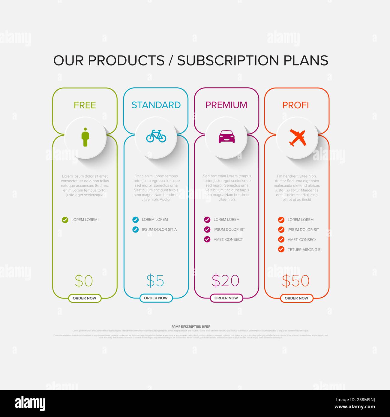 Subscription plan comparison chart displayed with four options: Free ...