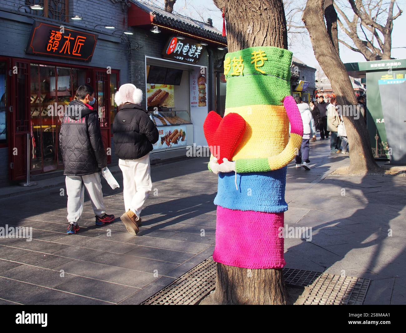 Trees in a park are put on brightly colored "sweaters" for winter in ...