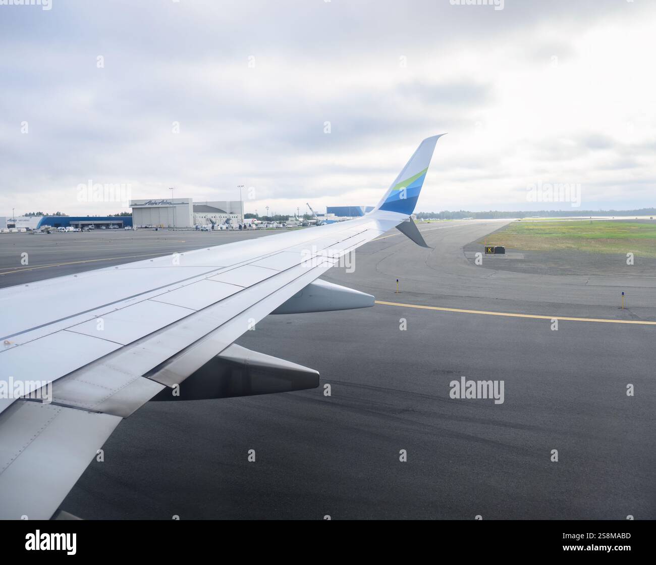 Anchorage, Alaska, USA - Aug 04 2023: View of airplane wing of an ...
