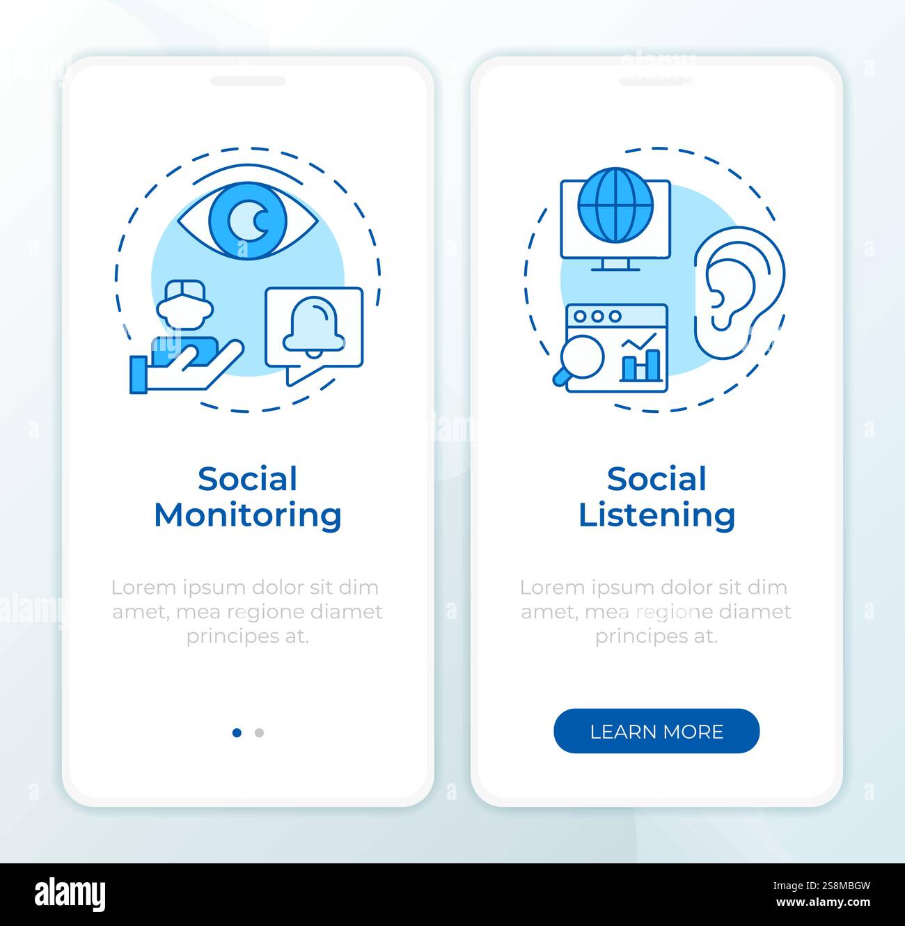 Social media monitoring blue onboarding mobile app screen Stock Vector ...