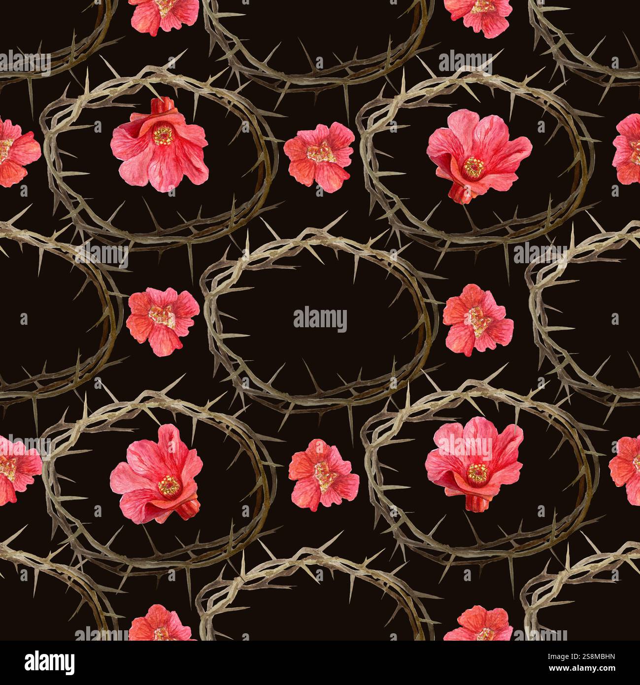 Crown of thorns with pomegranate flowers watercolor seamless pattern on ...