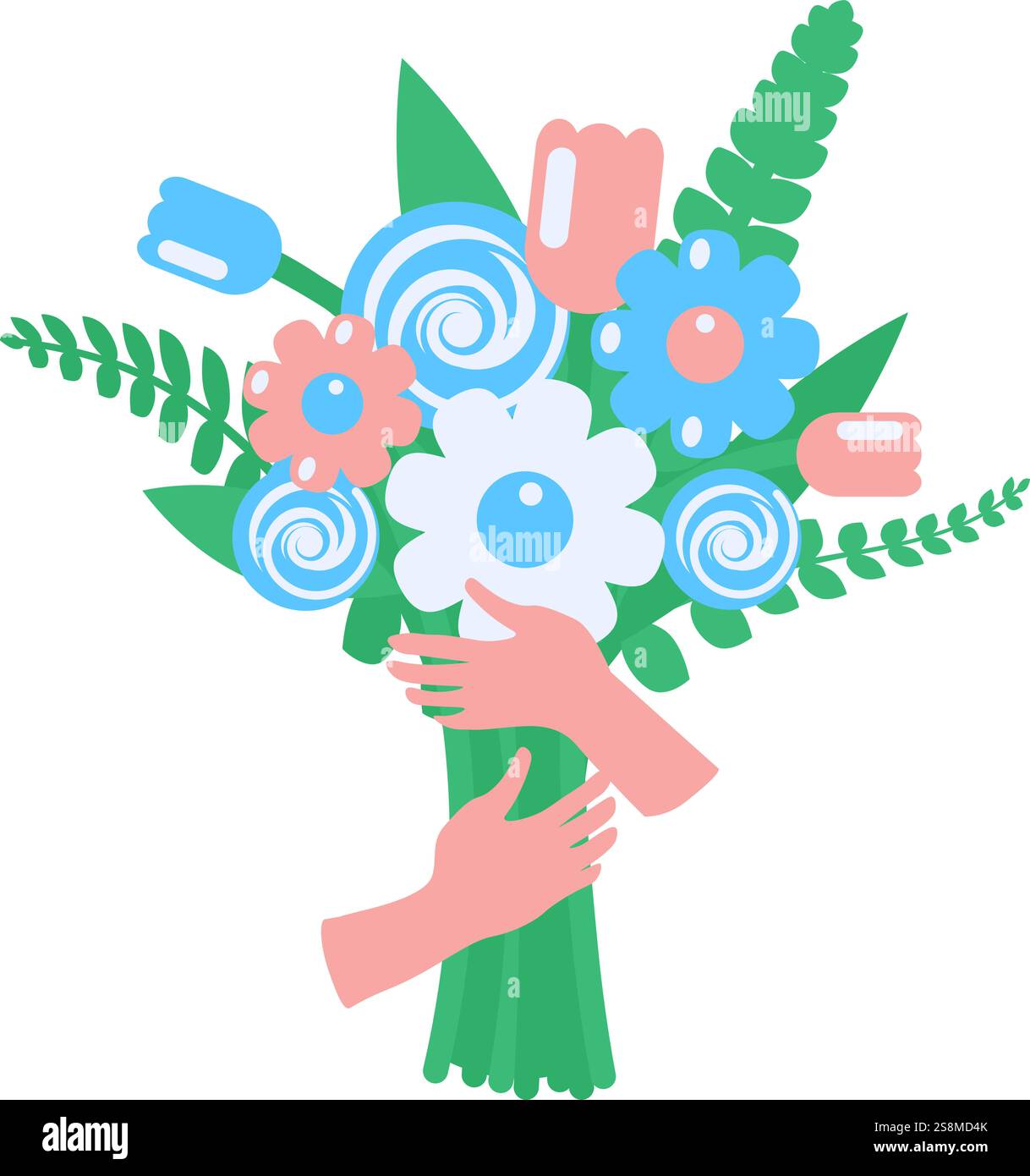 Vector graphic illustration of hands holding bunch of flowers in a ...