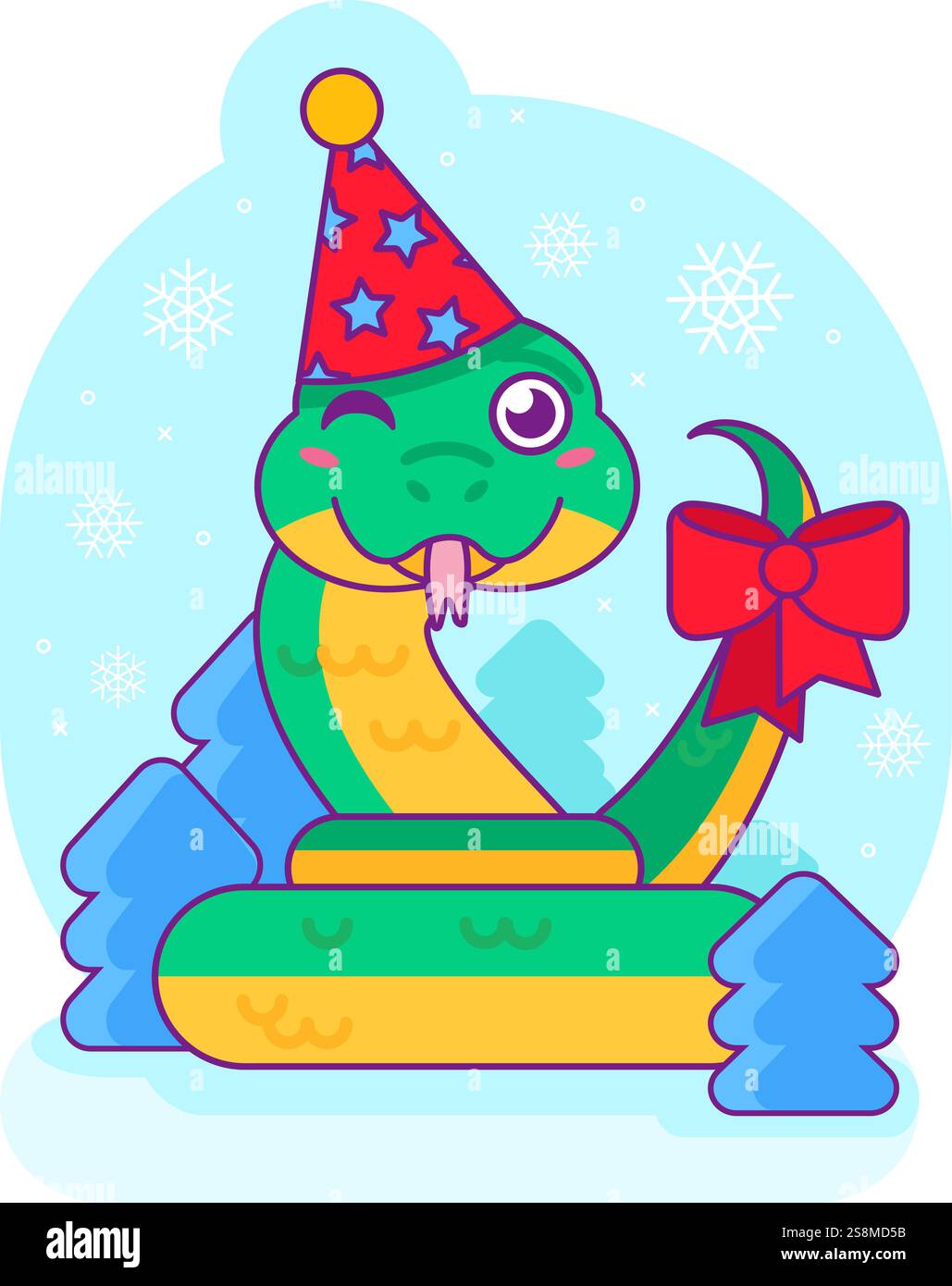 Green snake coiled in rings red cone shaped hat and tail decorated with ...