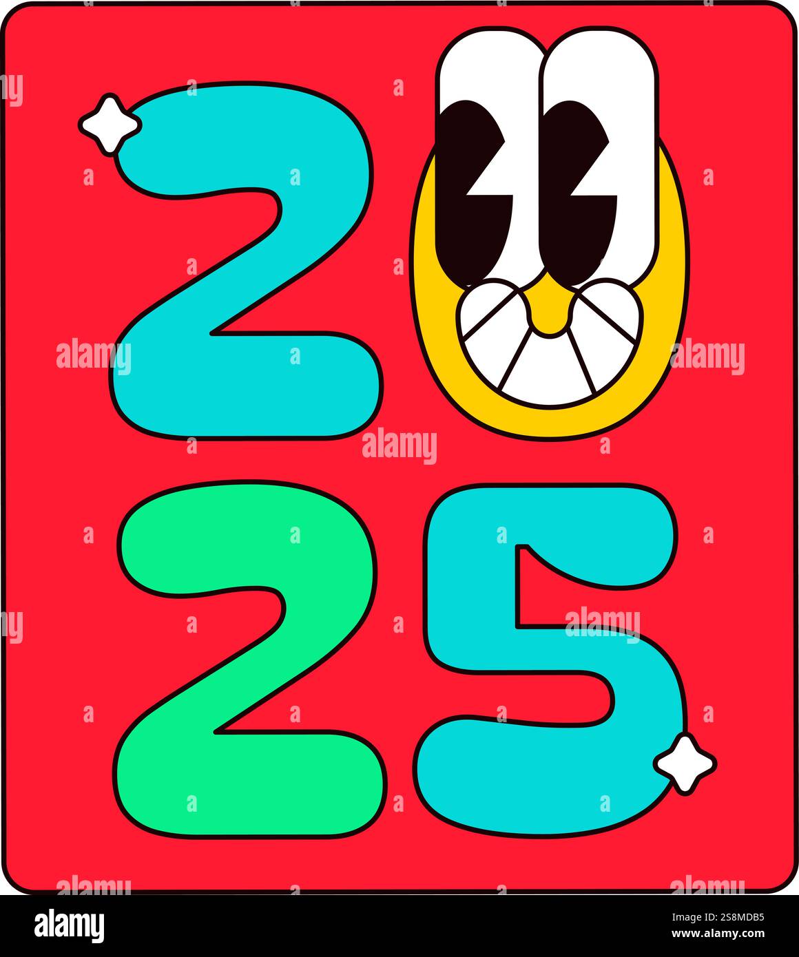 2025 funny inscription with laughing character on red banner. New Year ...