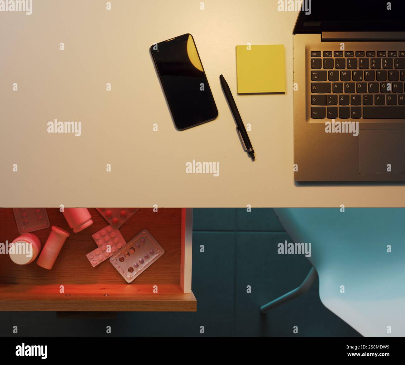 Many prescription drugs and medicines in the work office desk ...