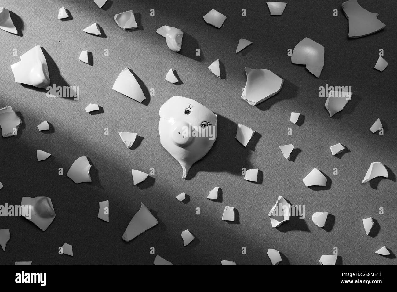 Broken piggy bank and shattered pieces on the floor: failure, crisis ...