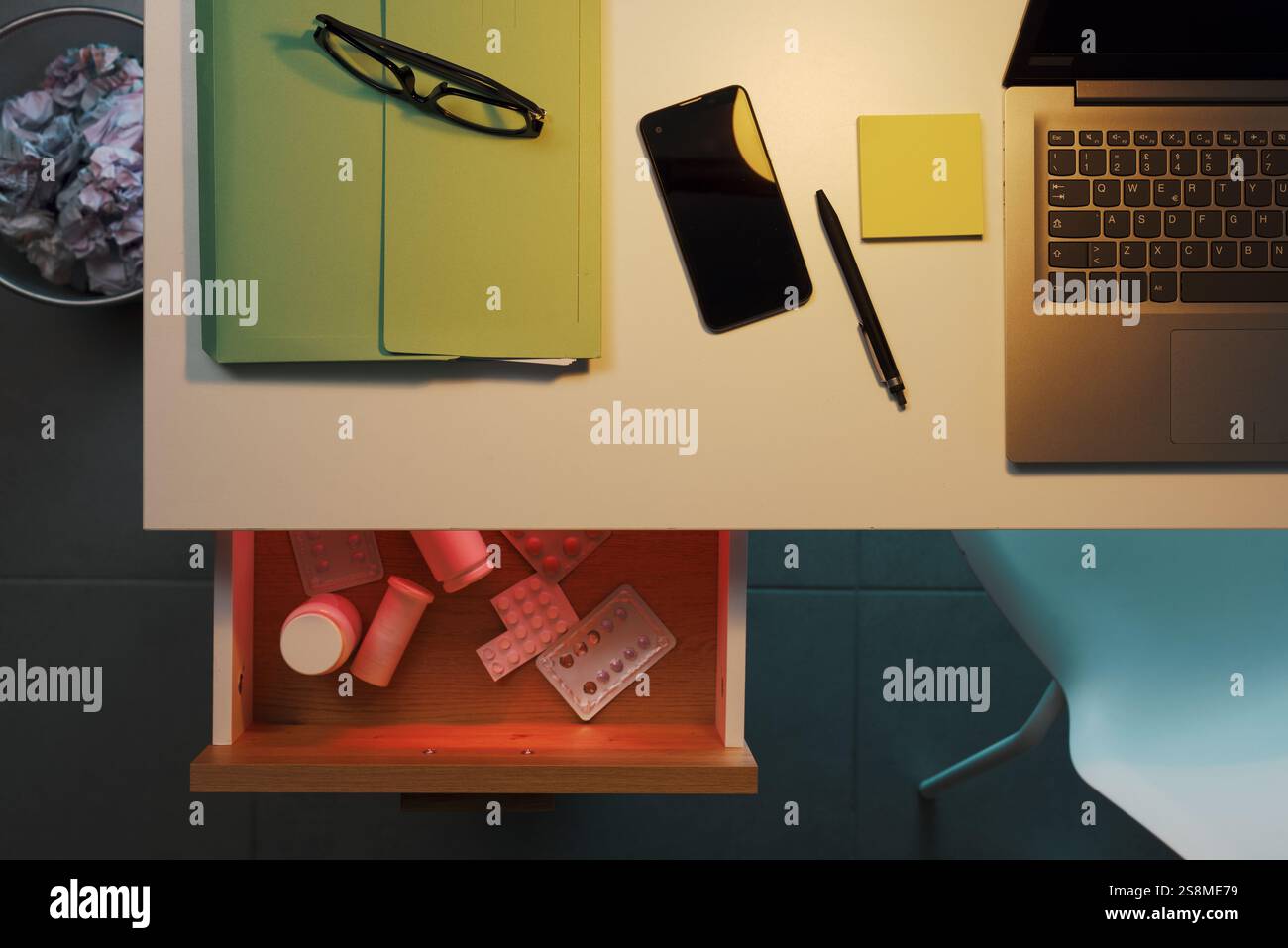 Many prescription drugs and medicines in the work office desk ...