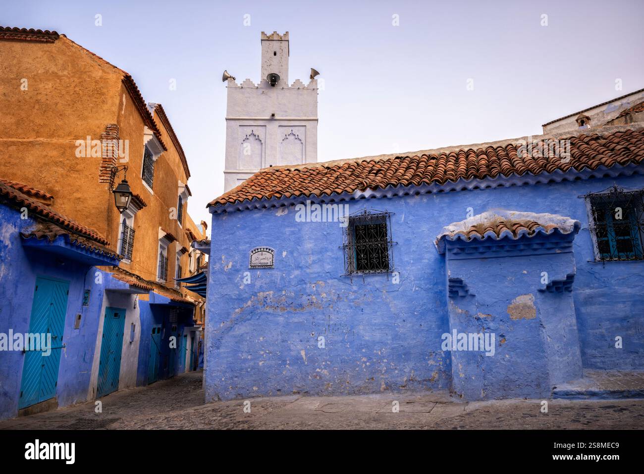 Chefchaouen, Morocco. Beautiful square and minaret inside the blue city ...