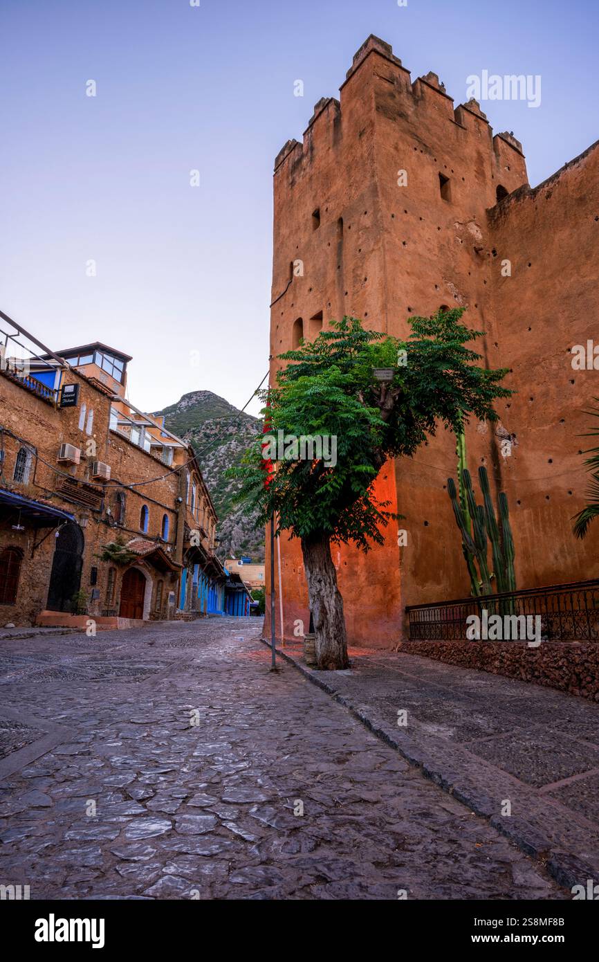 Chefchaouen, Morocco. Early morning view of the Kasbah with mountains ...