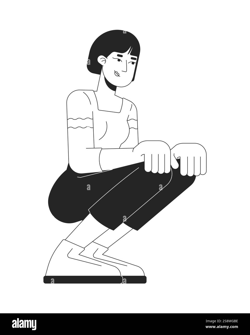Asian woman squatting in relaxed pose black and white 2D line character ...