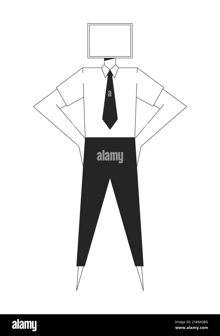 Abstract businessman with square head and tie black and white 2D line ...