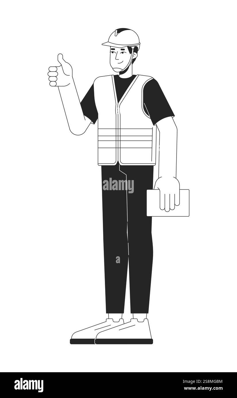 Construction worker giving thumb up with clipboard black and white 2D ...
