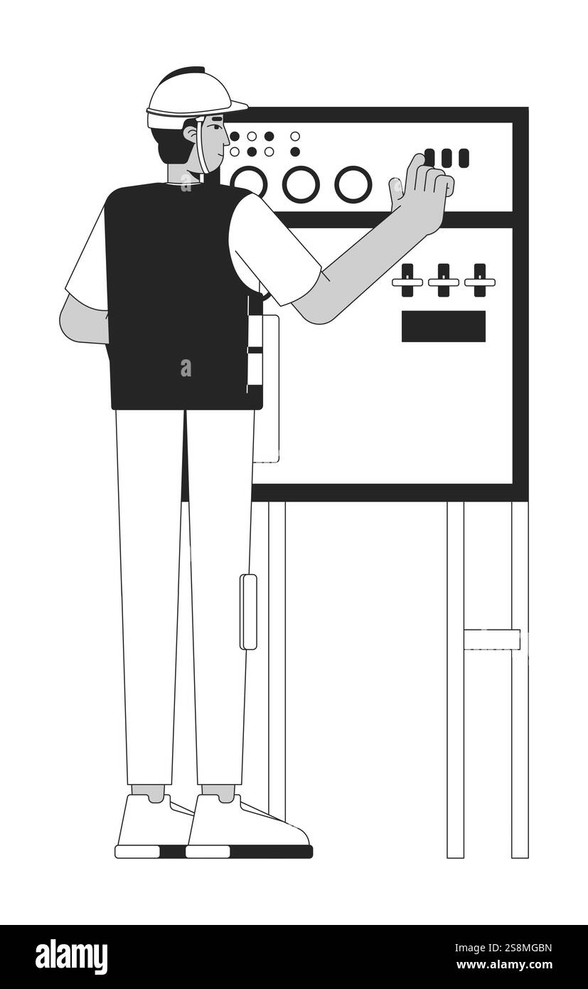 Indian male worker operating drilling control panel black and white 2D ...