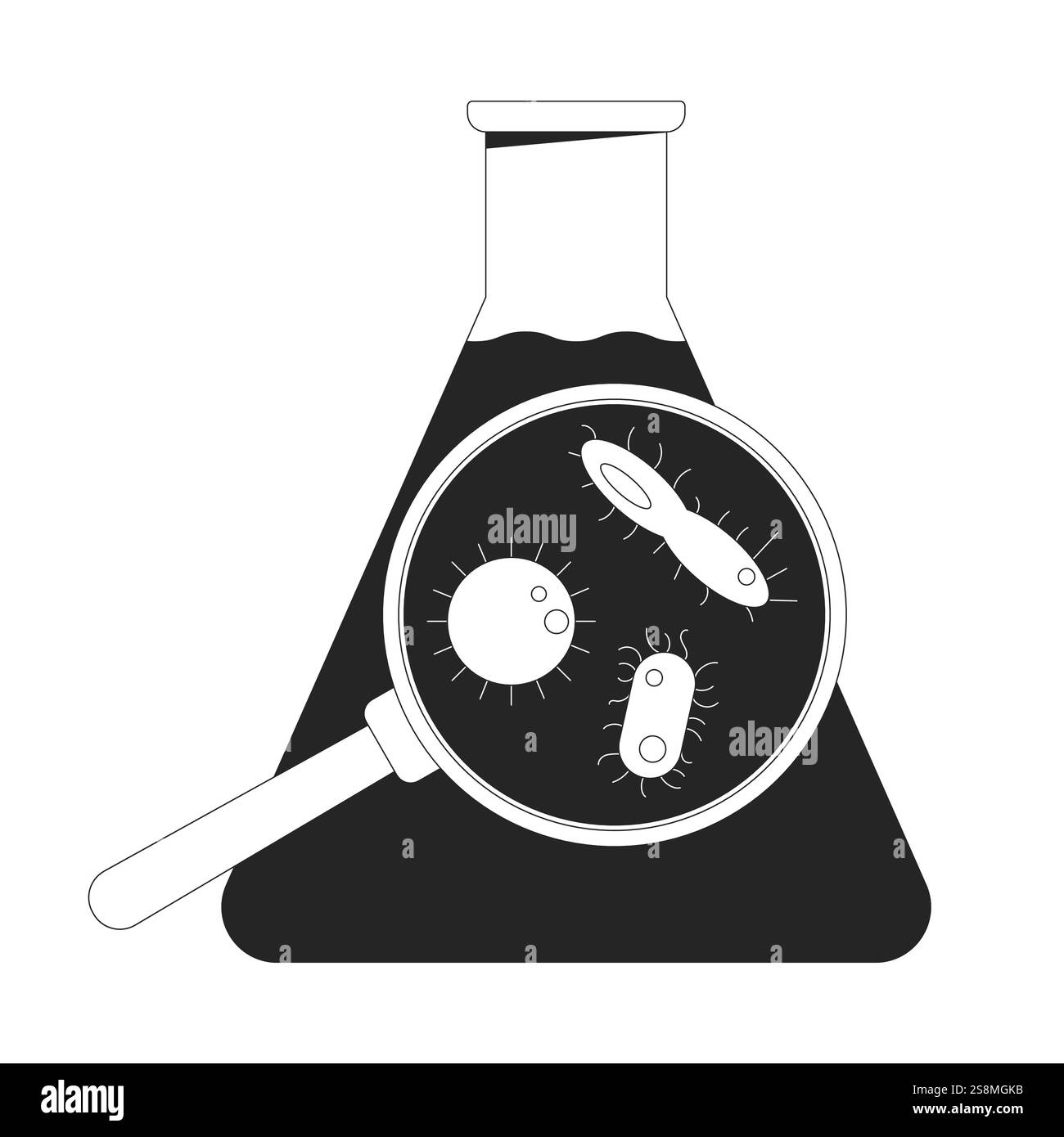 Magnified microorganisms in flask with water black and white 2D line ...