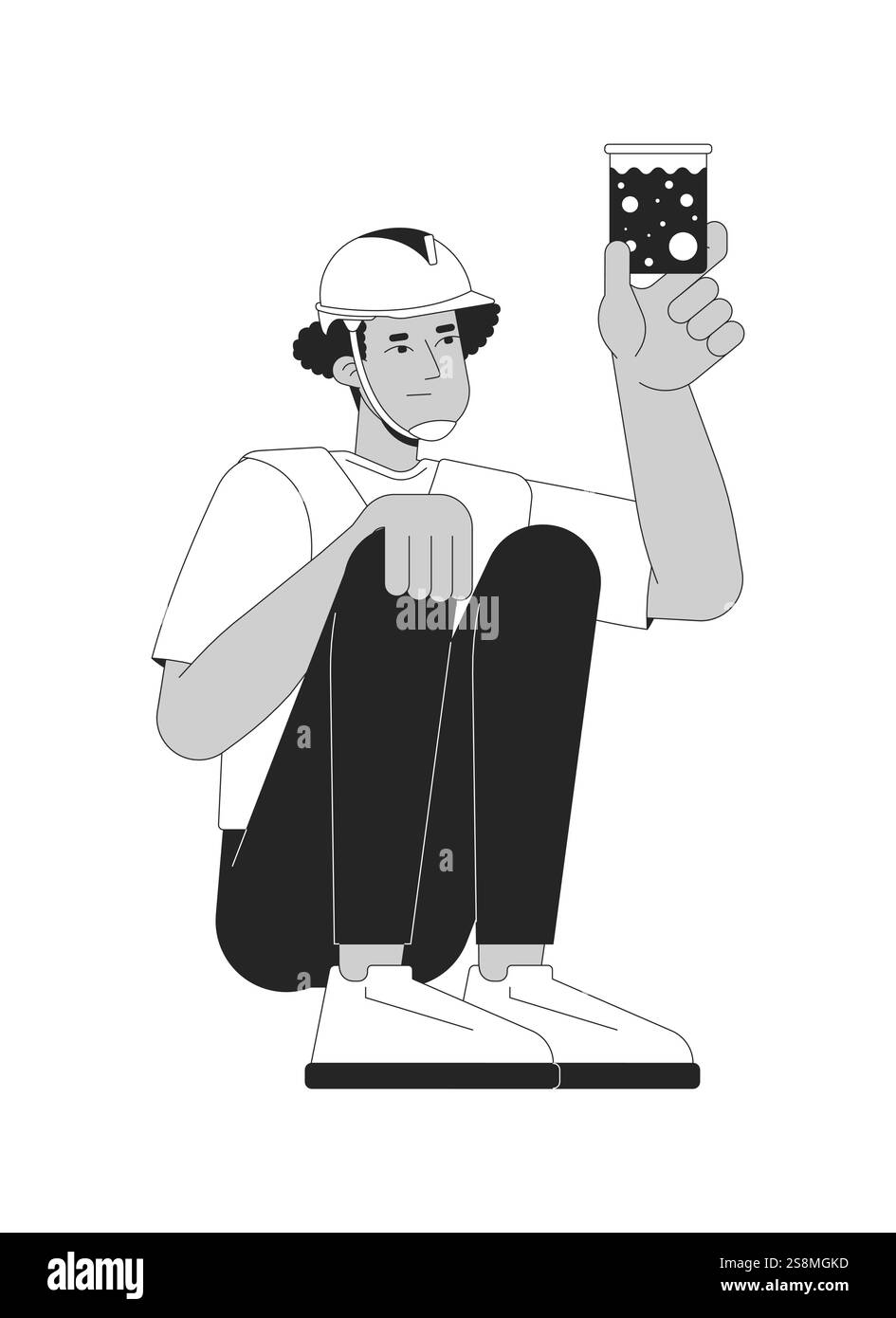 Hispanic male worker inspecting water sample in beaker black and white ...