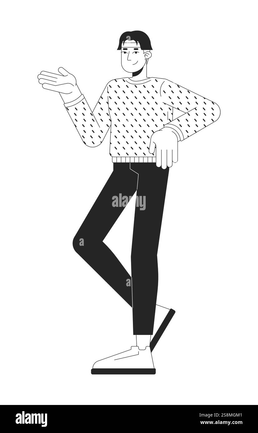 Casually dressed asian man in sweater gesturing in friendly pose black ...