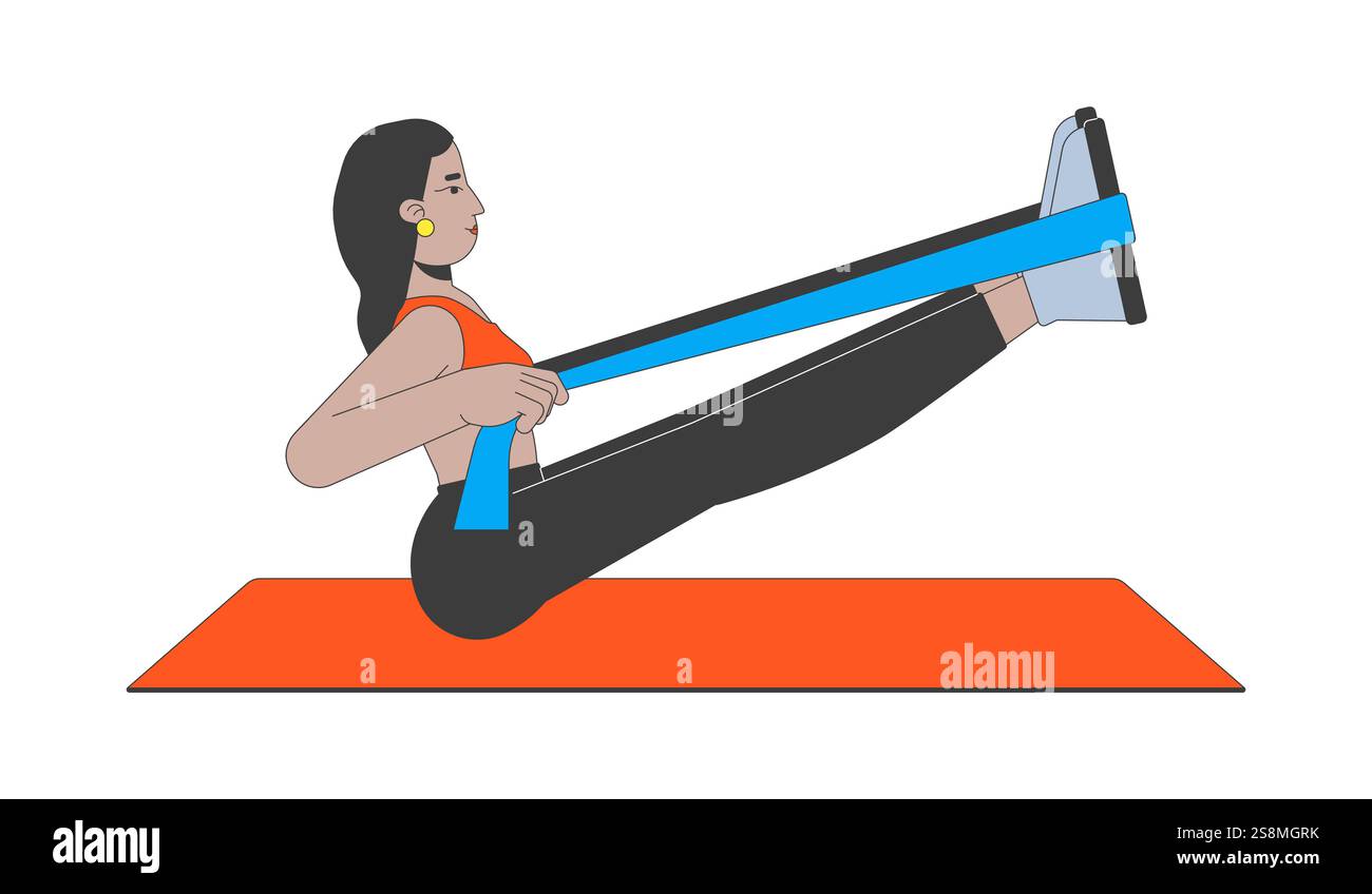 Woman stretching with resistance band on yoga mat cartoon flat ...