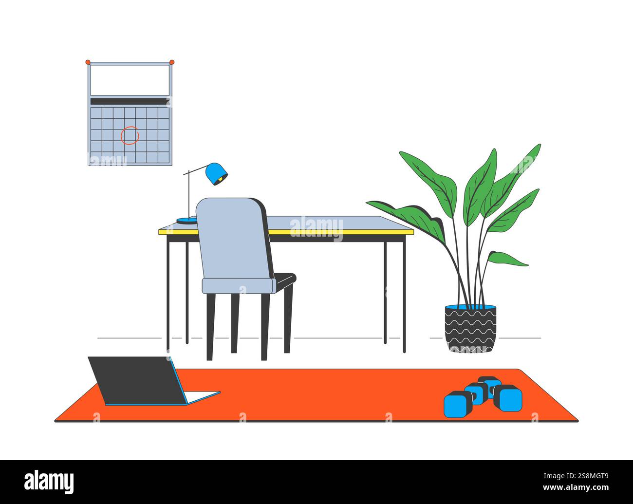 Work-from-home desk with workout corner cartoon flat illustration Stock ...