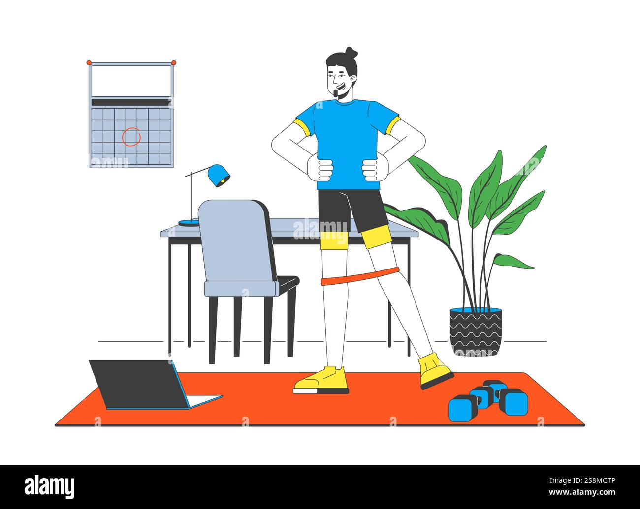 Home office workout session with resistance band cartoon flat ...