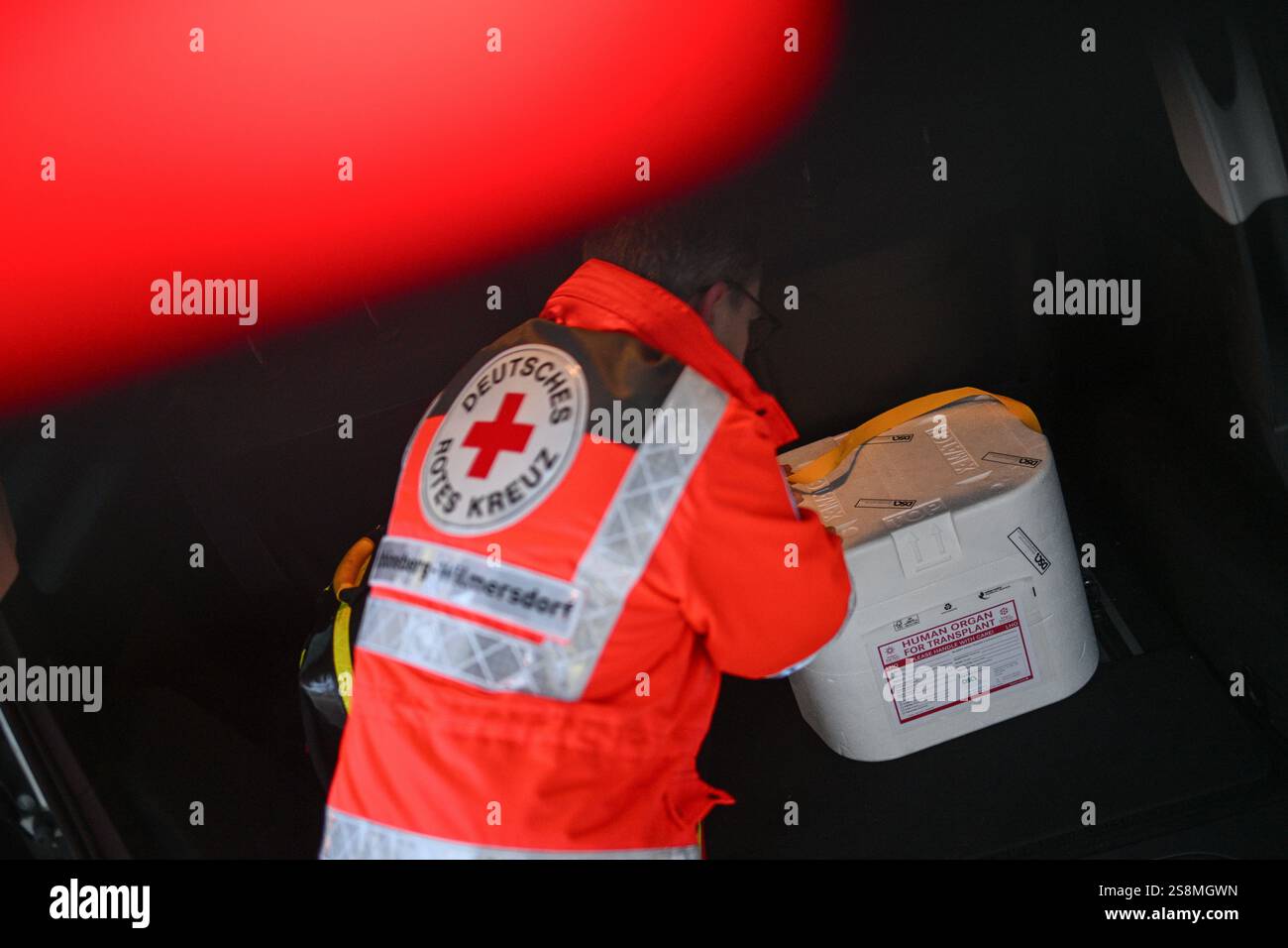Berlin, Germany. 21st Jan, 2025. A DRK employee places a cool box for ...