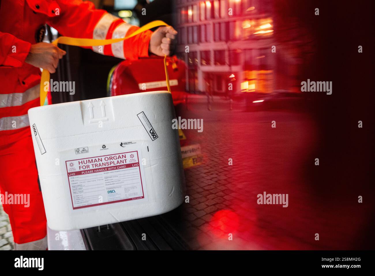 Berlin, Germany. 21st Jan, 2025. A DRK employee places a cool box for ...