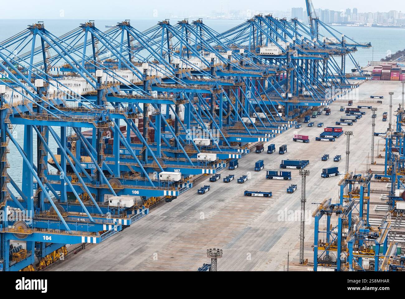 Automated guided vehicles deliver cargo at the fully automated terminal of Qingdao Port in ...