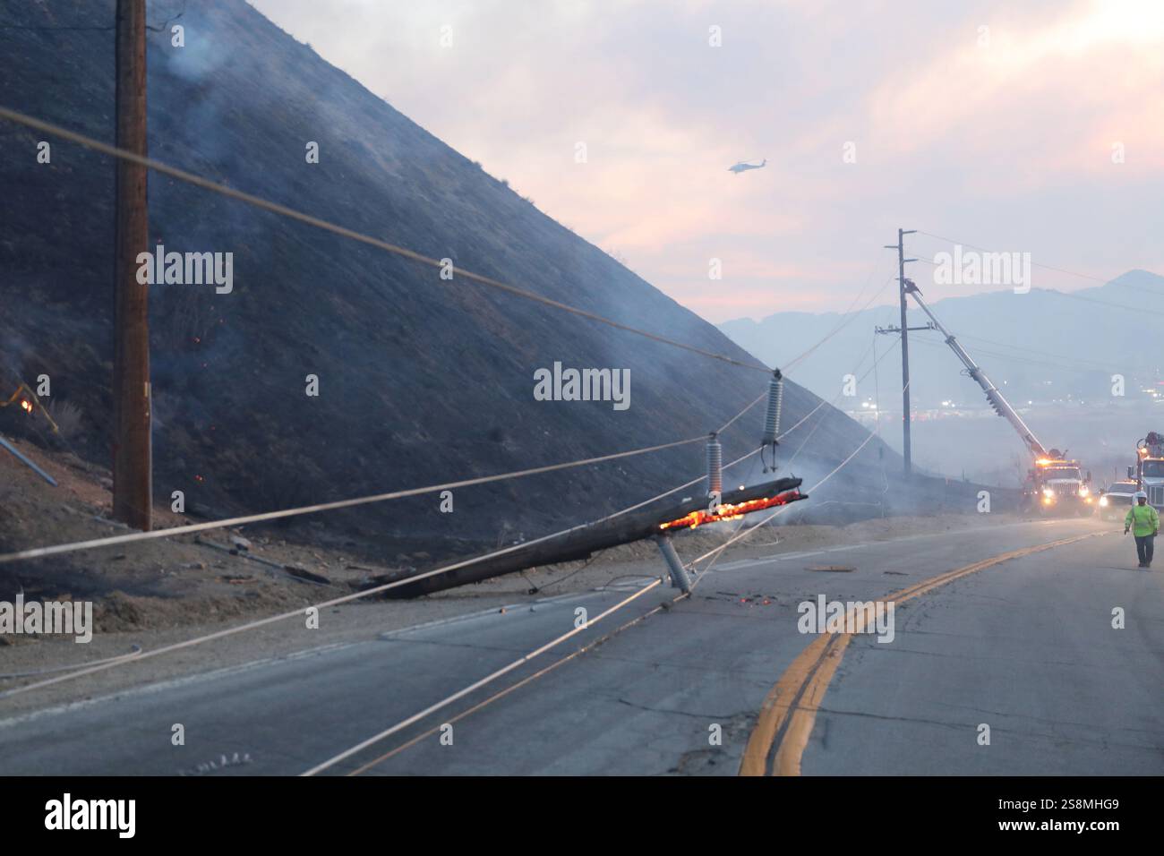 Los Angeles, USA. 22nd Jan, 2025. Power lines damaged amid a wildfire ...