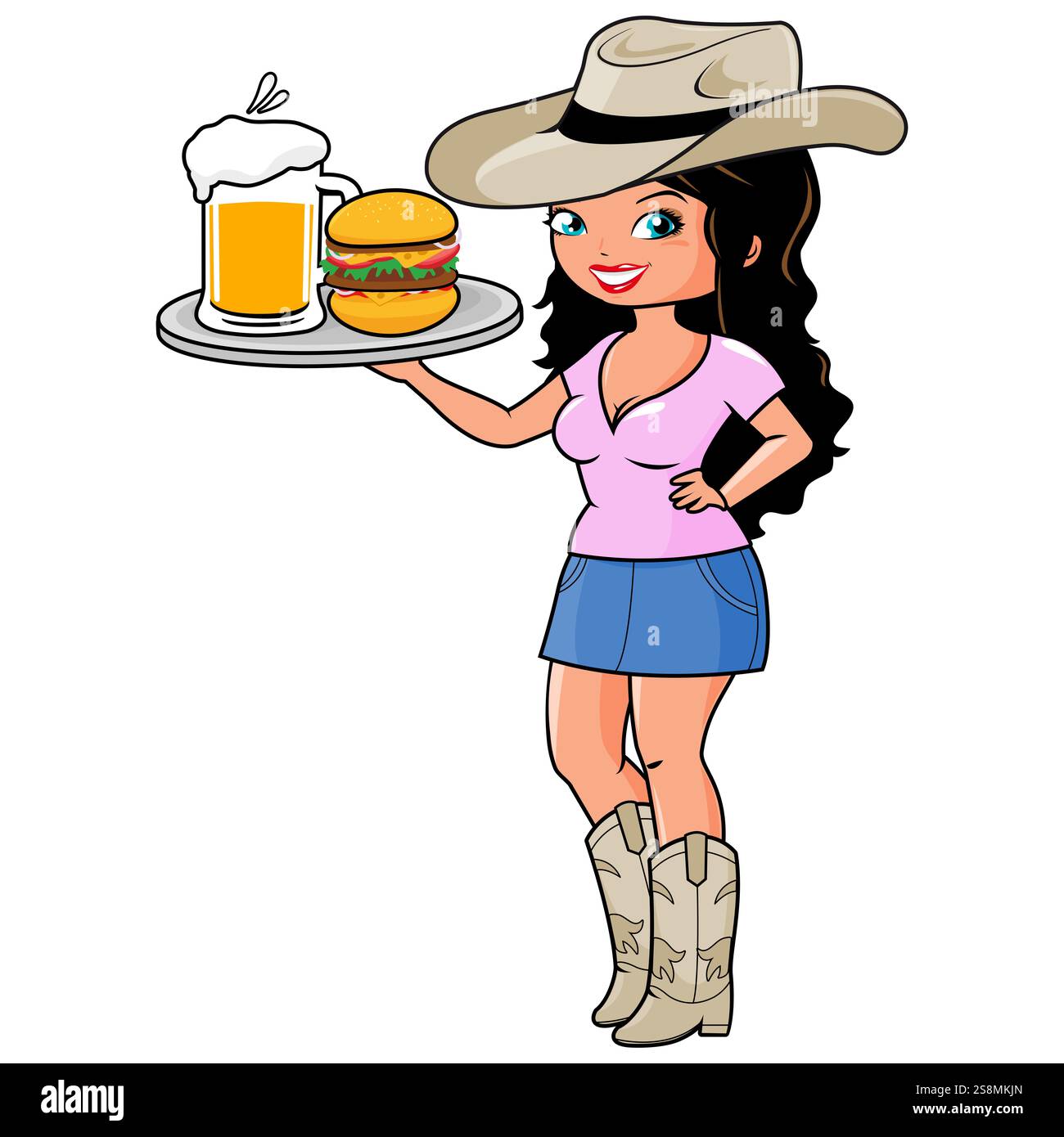 A cowgirl waitress serving a hamburger and cold beer. Fast food ...