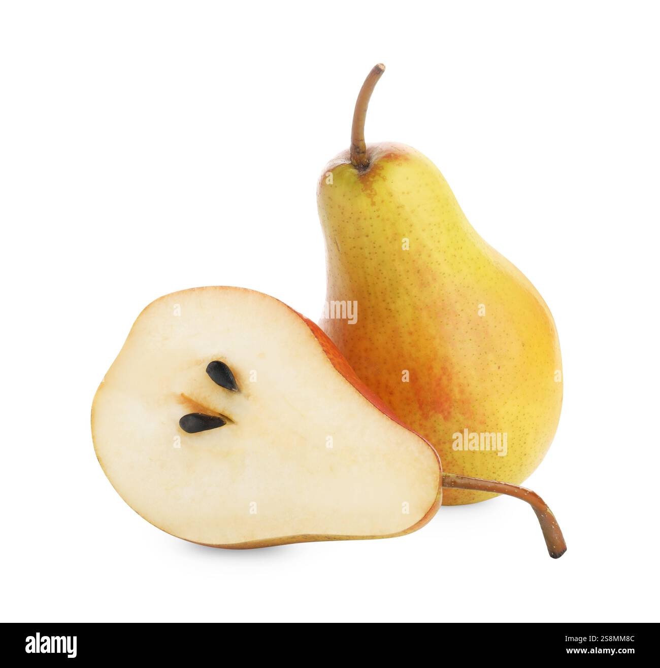 Whole and cut ripe pears isolated on white Stock Photo - Alamy