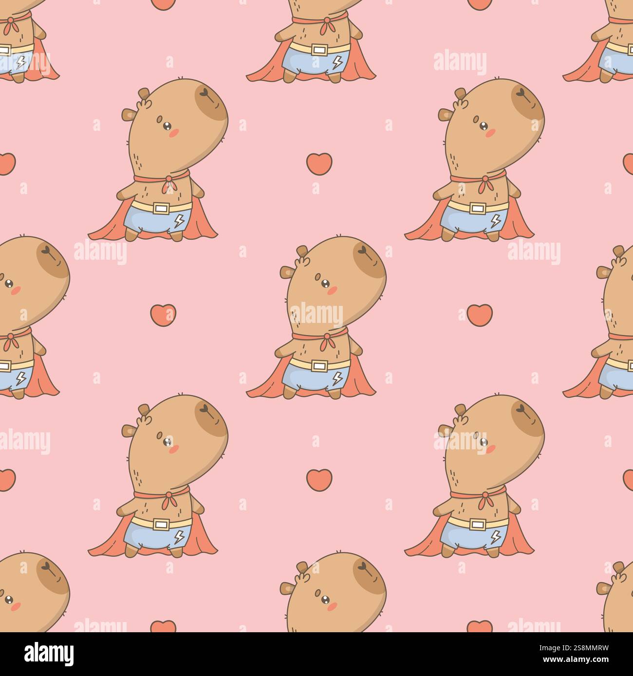 Romantic Superhero Capybara Seamless pattern. Cute Cartoon kawaii ...