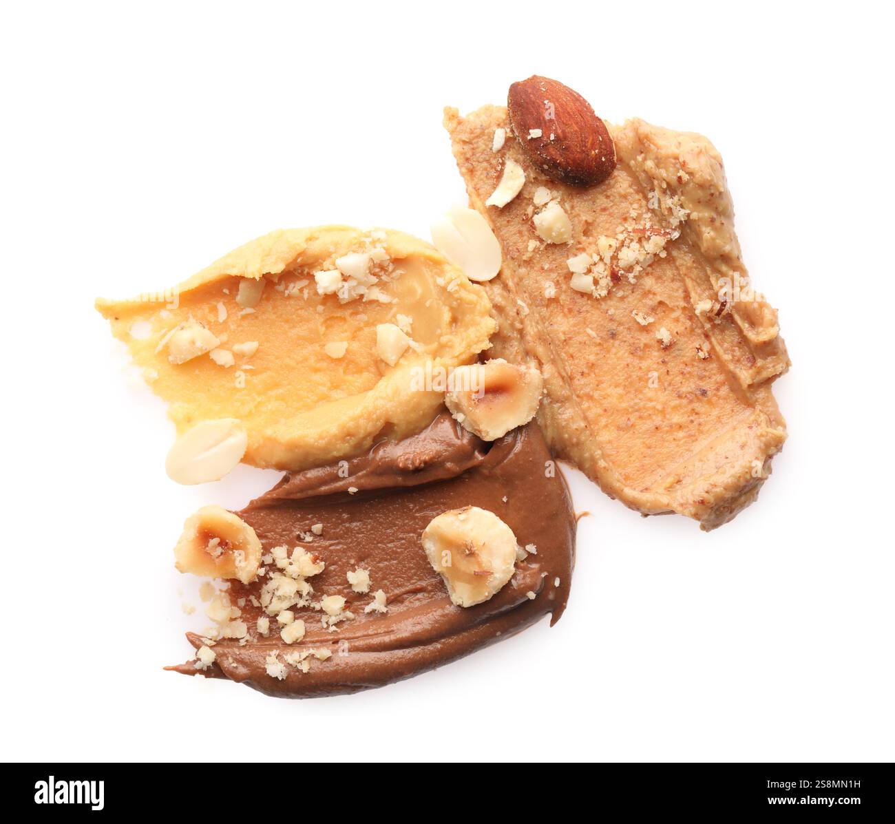 Different nut butters and nuts isolated on white, top view Stock Photo ...