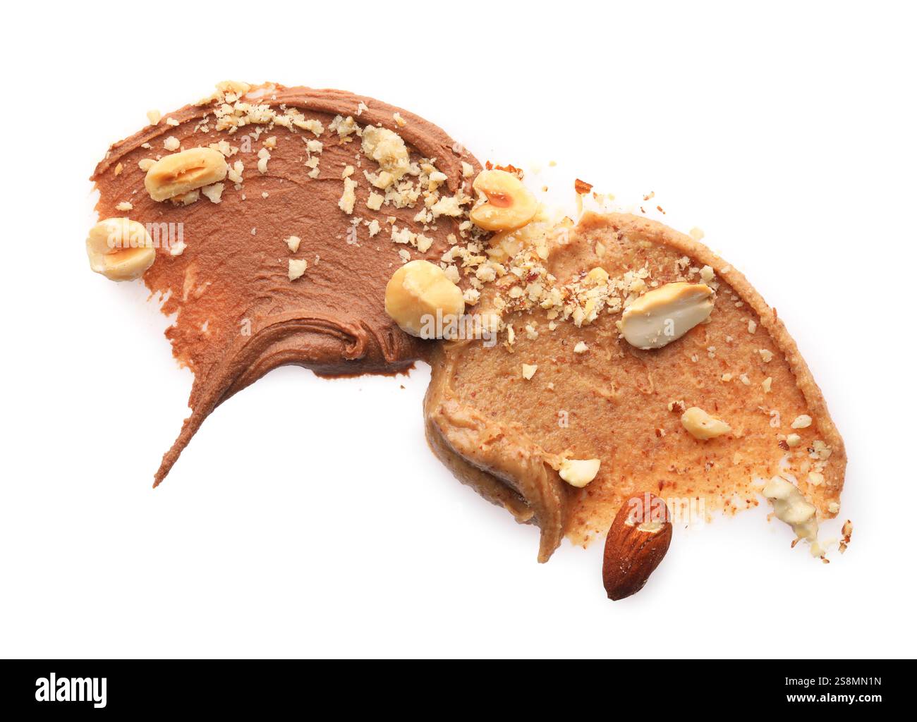 Different nut butters and nuts isolated on white, top view Stock Photo ...