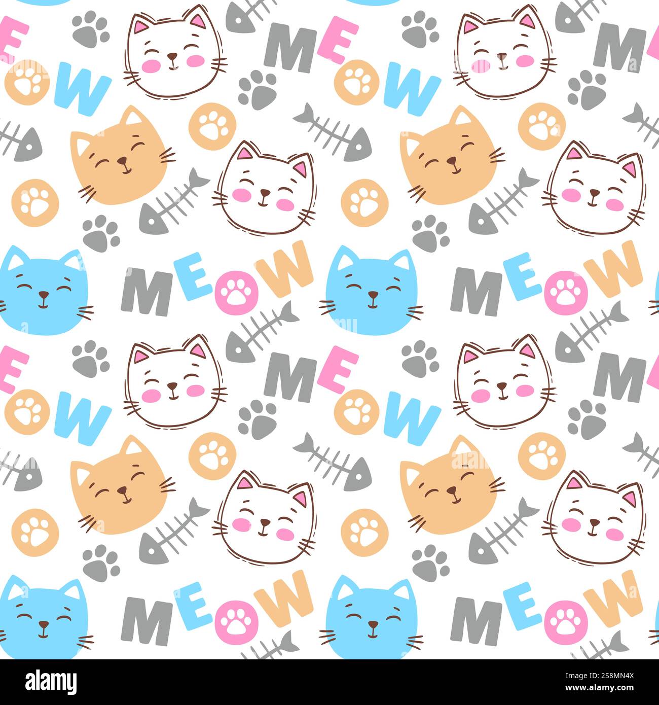 Seamless pattern. Smiling cat faces, the text meow and paw prints in a ...