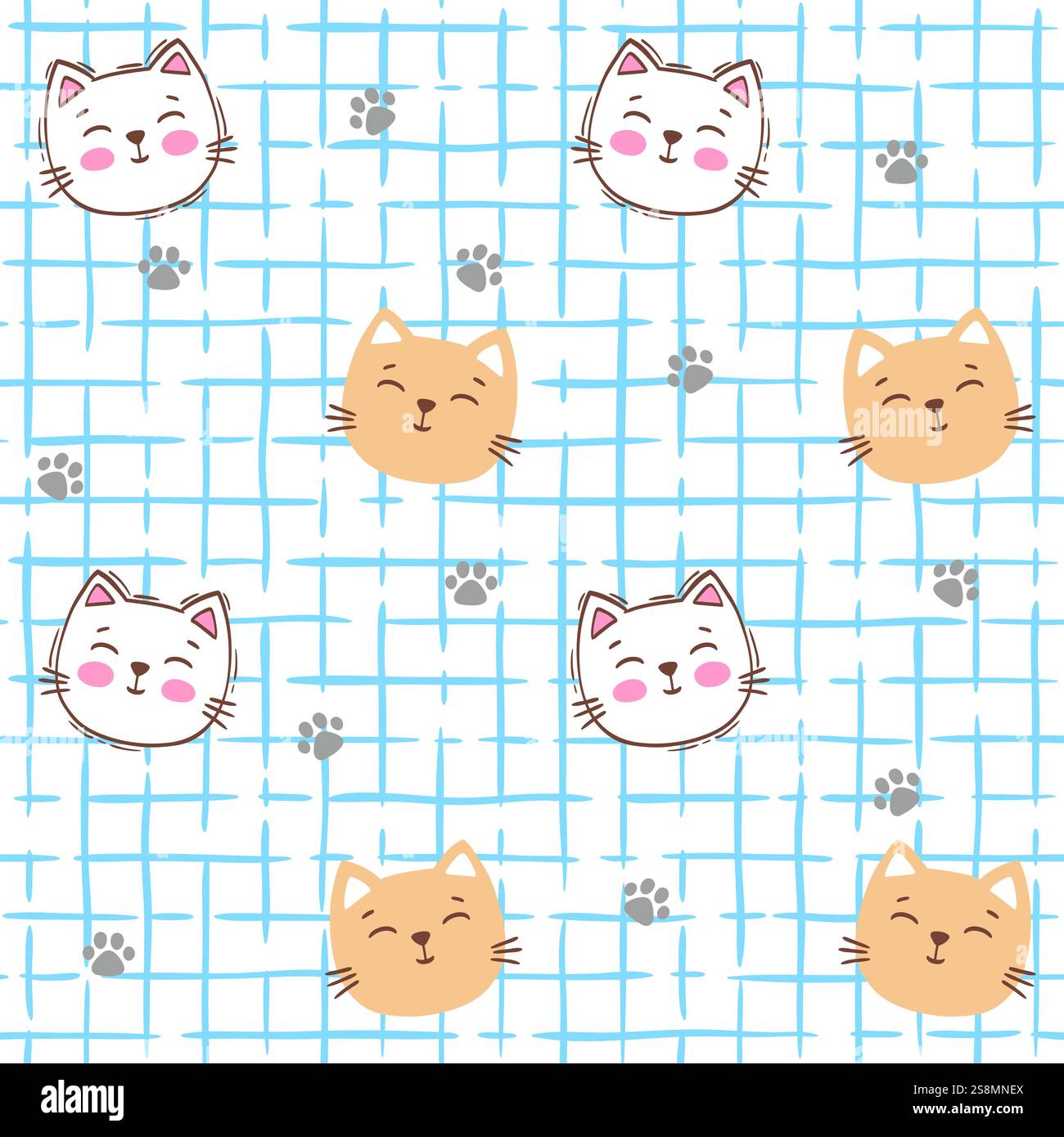 Seamless pattern. Sly cat faces and cat paw prints on grid background ...