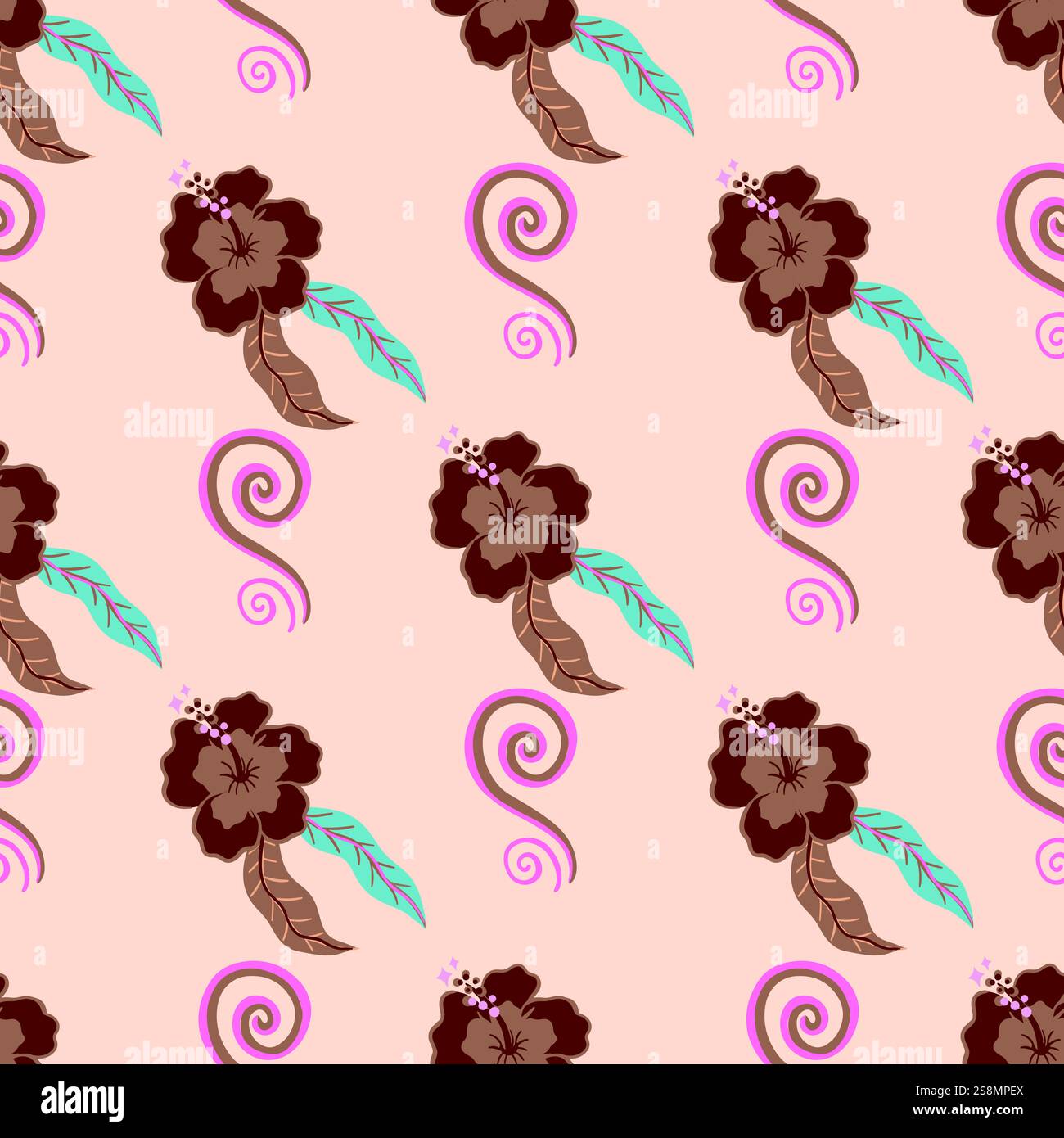 Hibiscus flowers in Mocha Mousse color of the year, seamless pattern ...