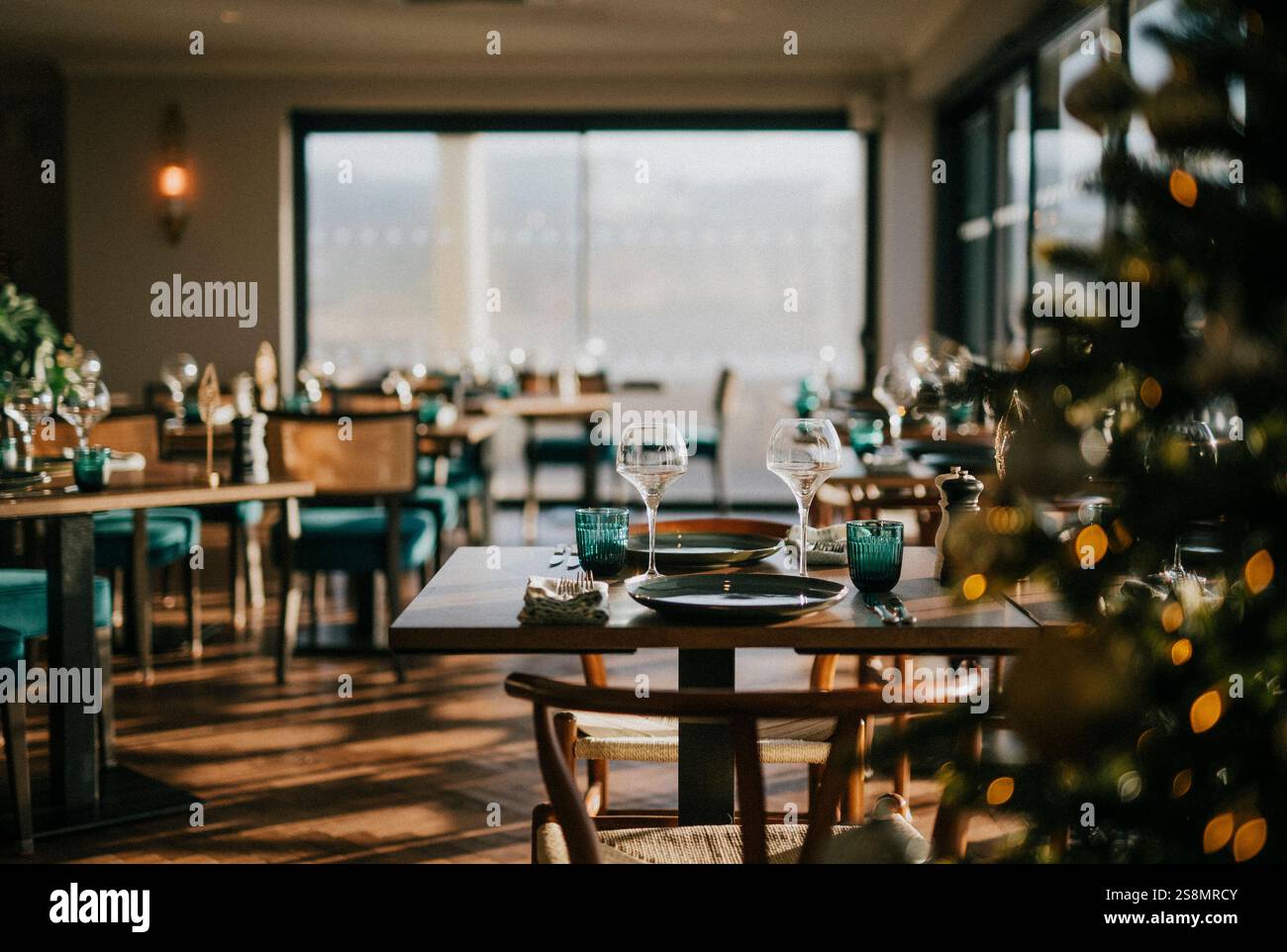 A restaurant with a Christmas tree in the background. The tables are ...