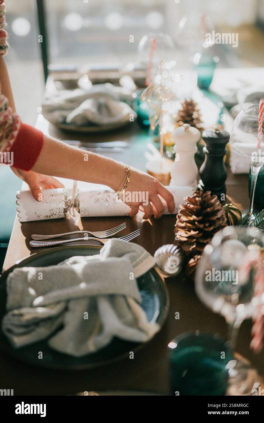 A woman is setting a table for a Christmas dinner. She is placing a ...