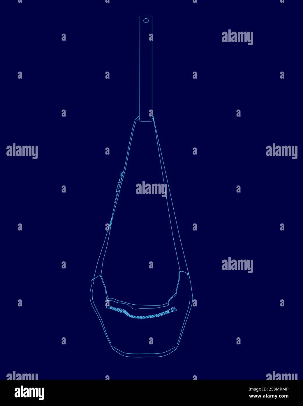 Blue drawing of a purse with a strap hanging down. The purse is shown ...