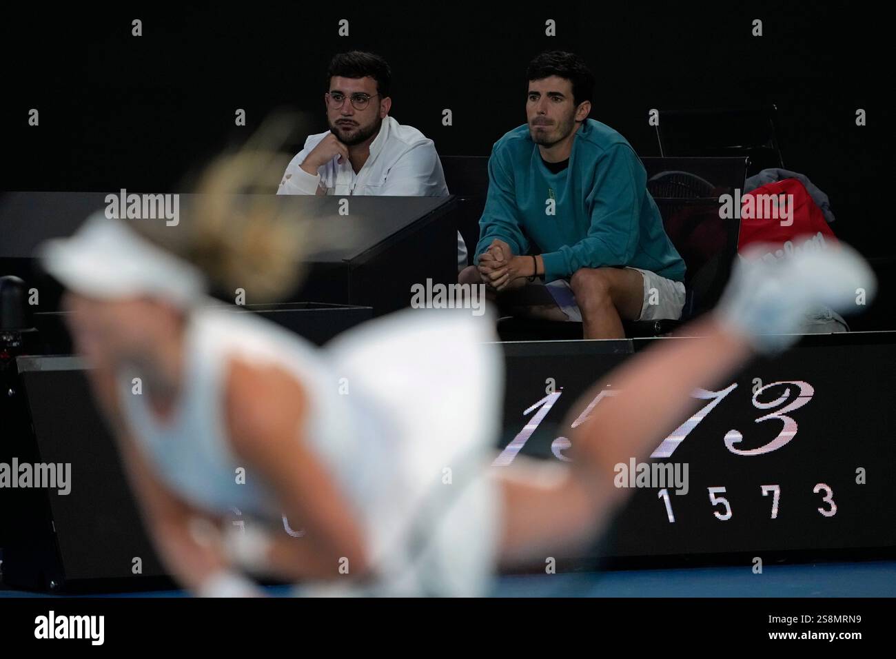 Coaches for Paula Badosa of Spain watch during her semifinal match ...